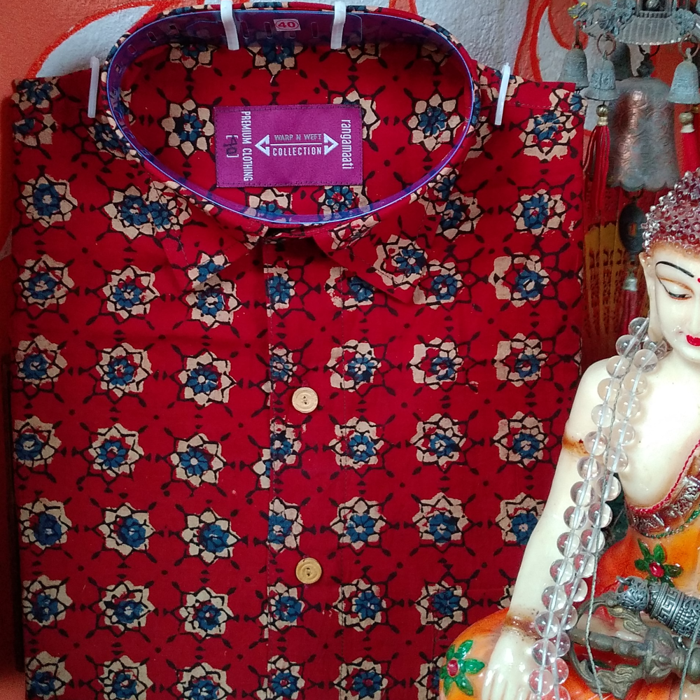 Cotton Shirt. with Geometric Ajrakh pattern hand Block printed with na ...